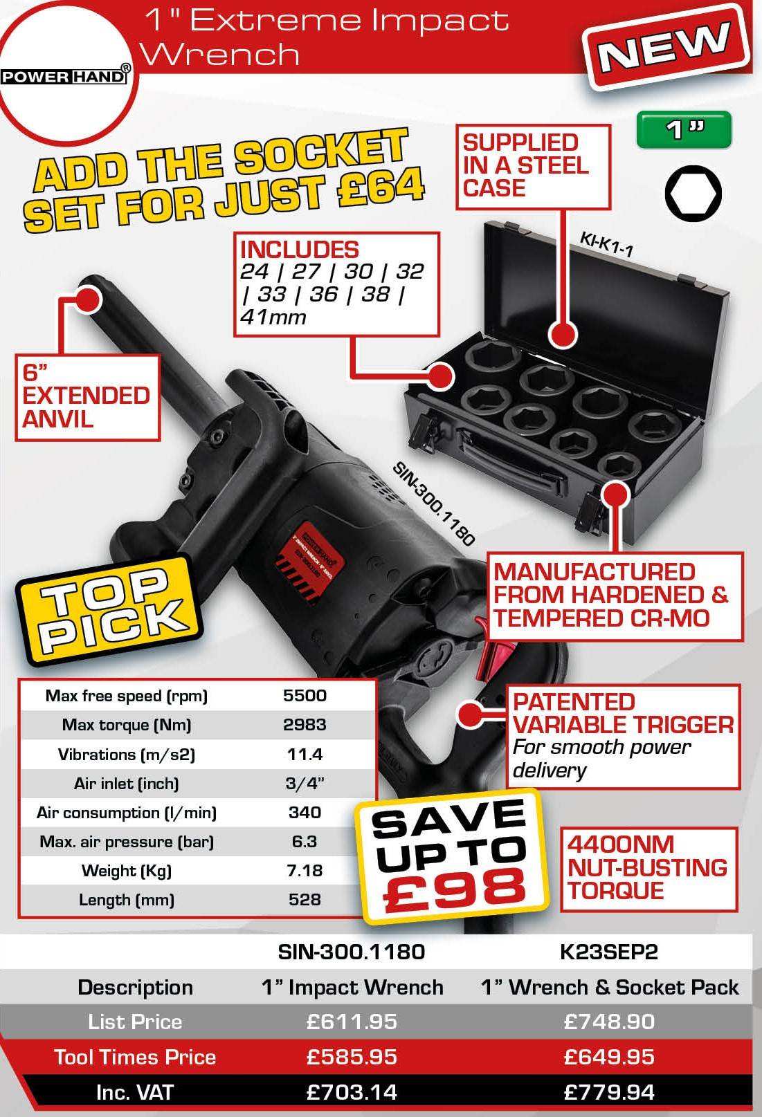 POWERHAND 1" Extreme Impact Wrench SIN-300.1180 - Garage Diagnostic Tools